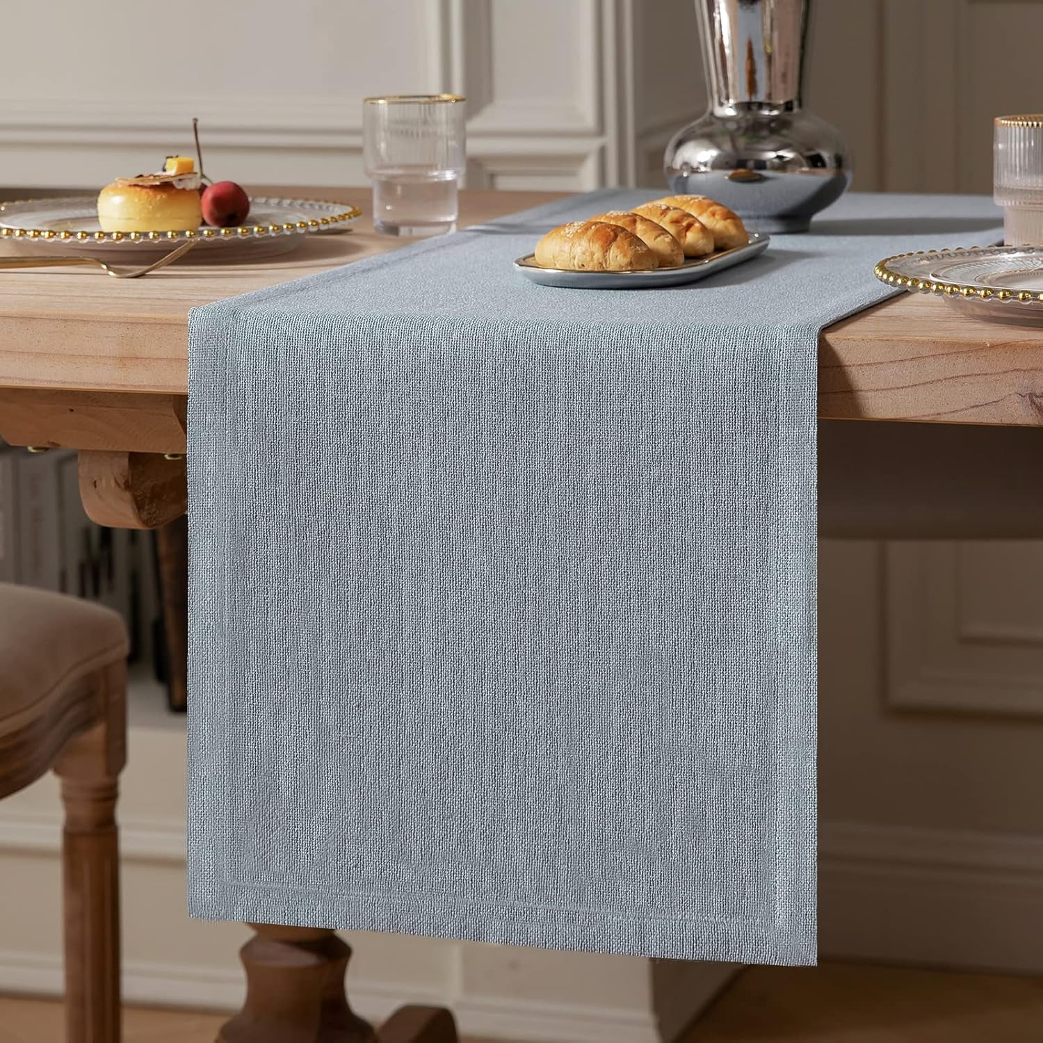 Burlap Style Farmhouse Table Runners 90 Inches Long, Dusty Blue Rustic ...