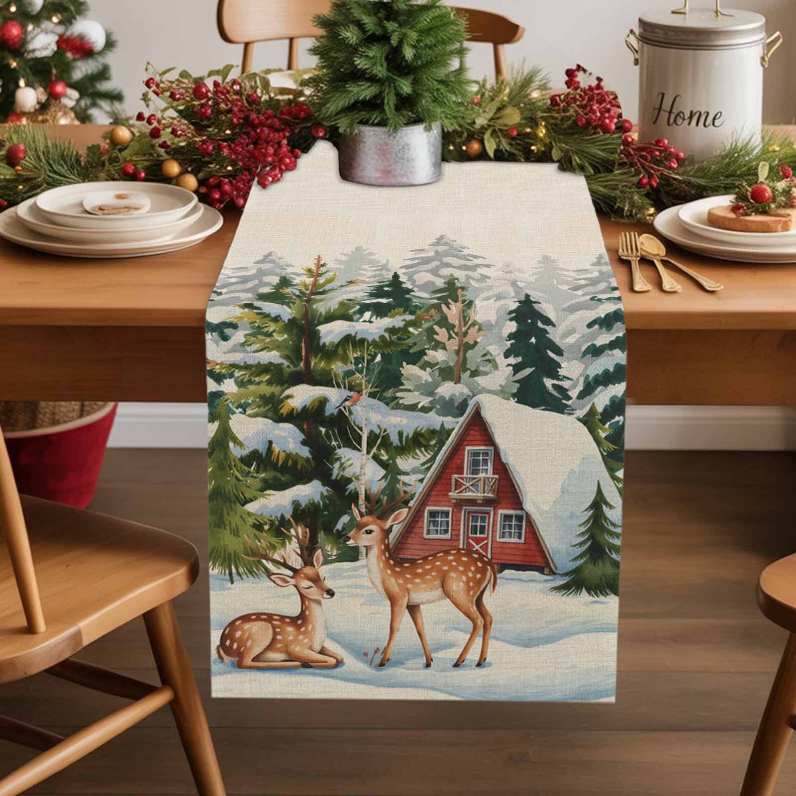 Burlap Table Runner 108 Inches Long,Vintage Winter Farmhouse Scenery ...