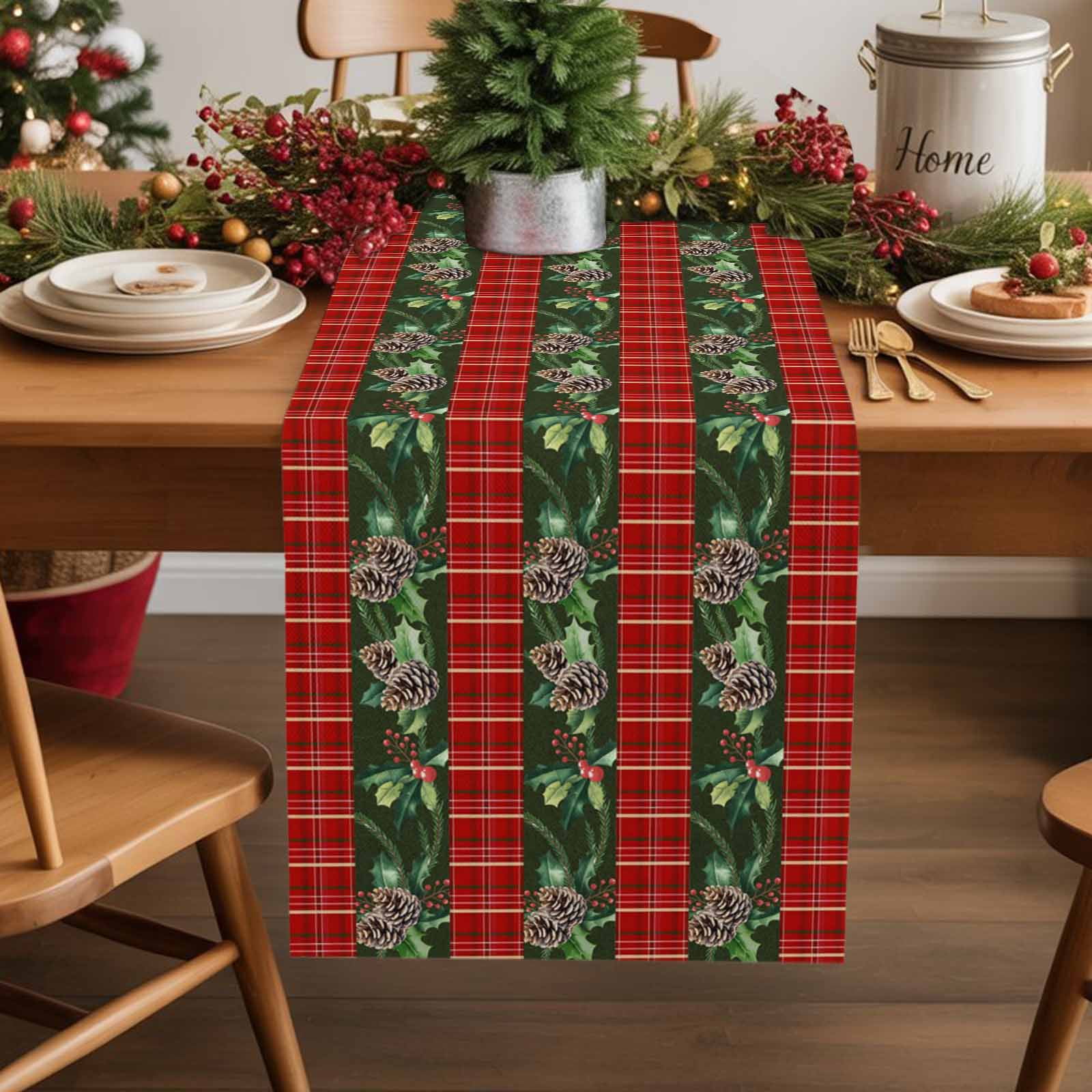 Burlap Table Runner 108 Inches Long,Winter Pine Cone Leaf Plant Non ...