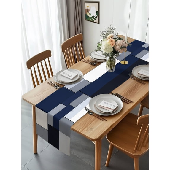 Burlap Table Runner 120 Inches Long, Abstract Blue Gray Black Patchwork ...