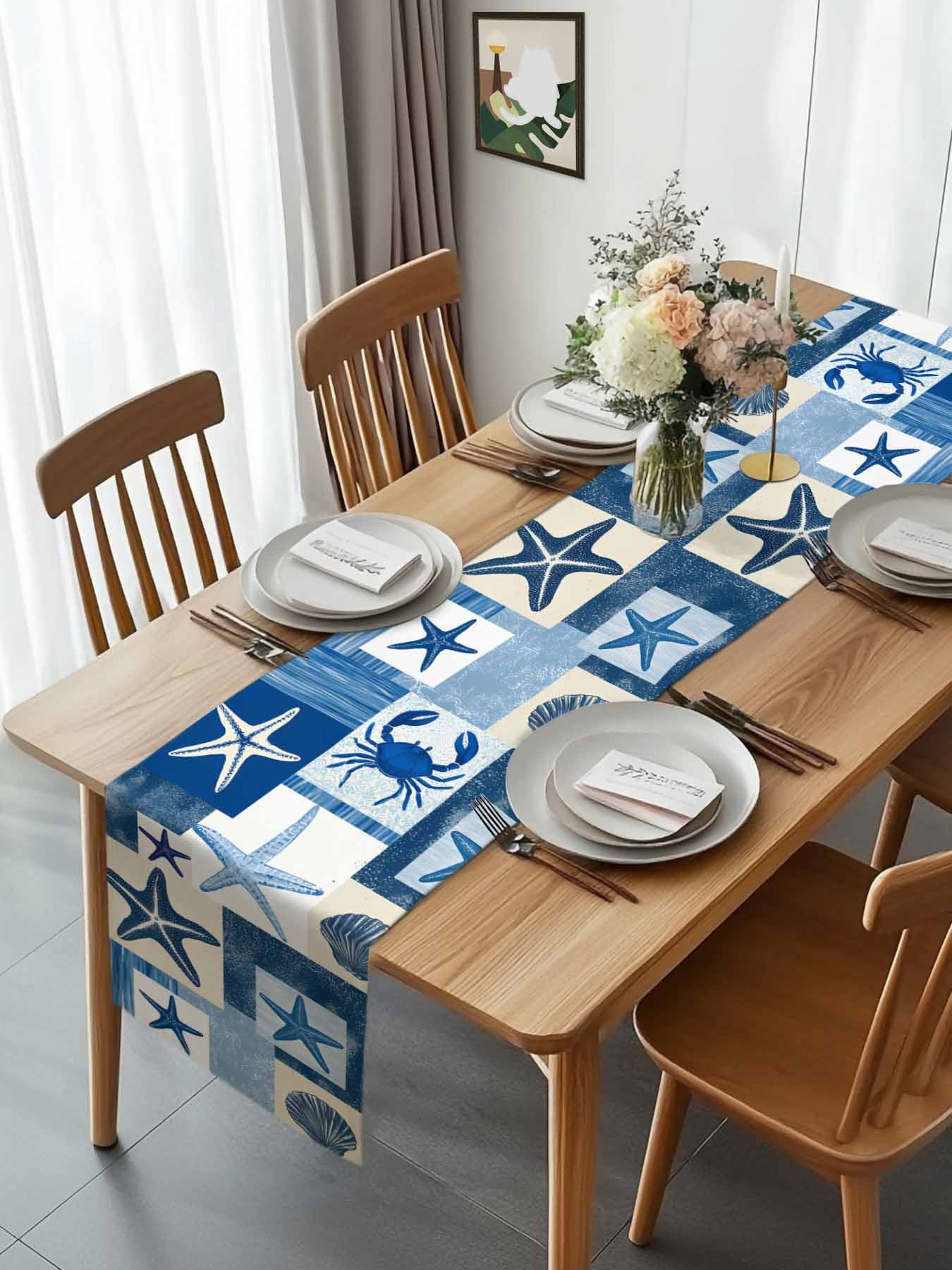 Burlap Table Runner 120 Inches Long, Abstract Blue Starfish Crab Non ...