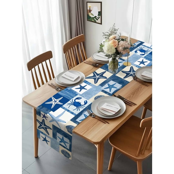 Burlap Table Runner 120 Inches Long, Abstract Blue Starfish Crab Non ...