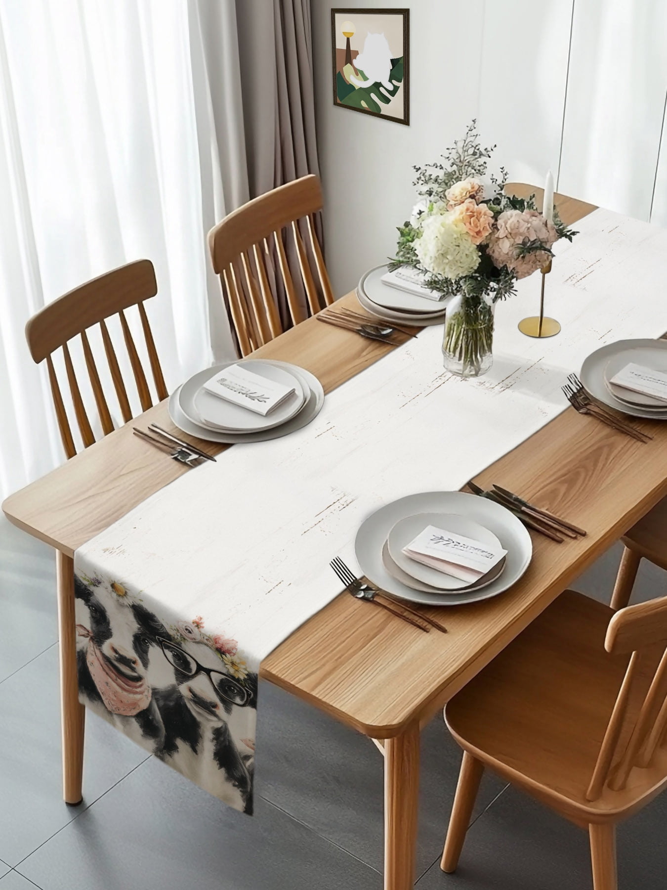 Burlap Table Runner 120 Inches Long, Abstract Farm Glasses Cow Non-Slip ...