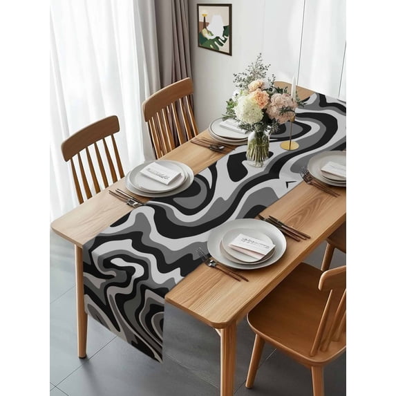Burlap Table Runner 120 Inches Long, Abstract Fluid Black Grey Stripe ...