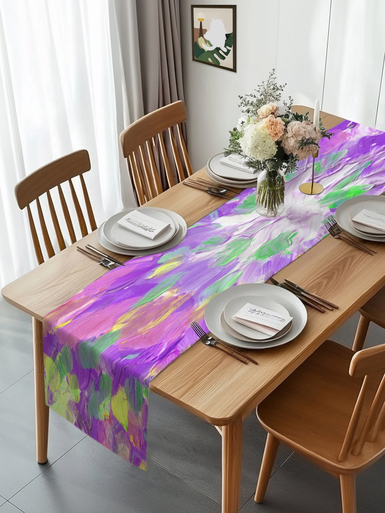 Burlap Table Runner 120 Inches Long, Abstract Oil Painting Art Color ...