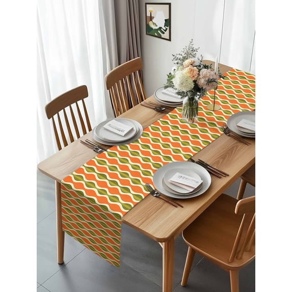 Burlap Table Runner 120 Inches Long, Abstract Orange Green Ripple Non ...