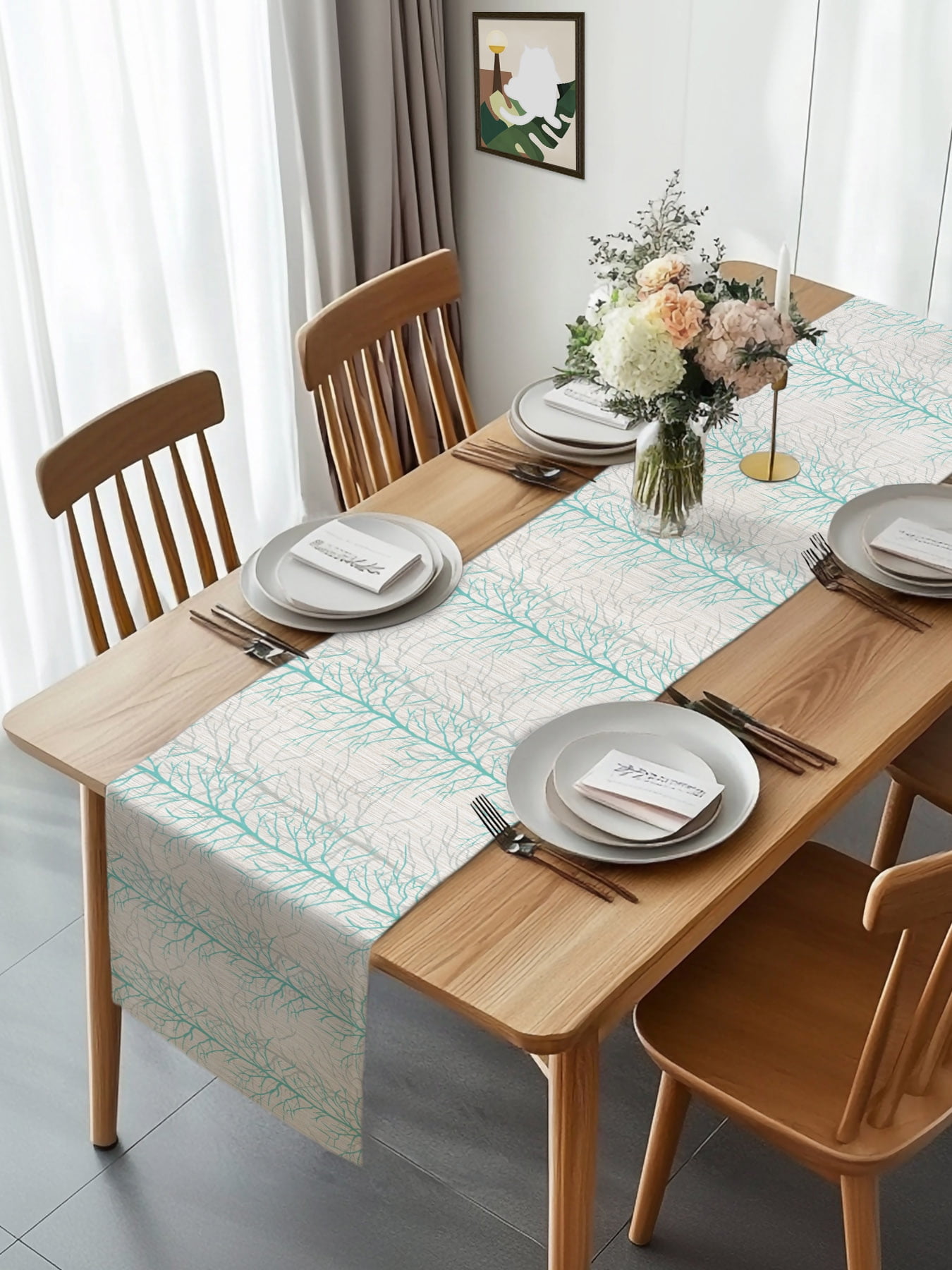Burlap Table Runner 120 Inches Long, Abstract Teal Grey Tree Branch Non ...