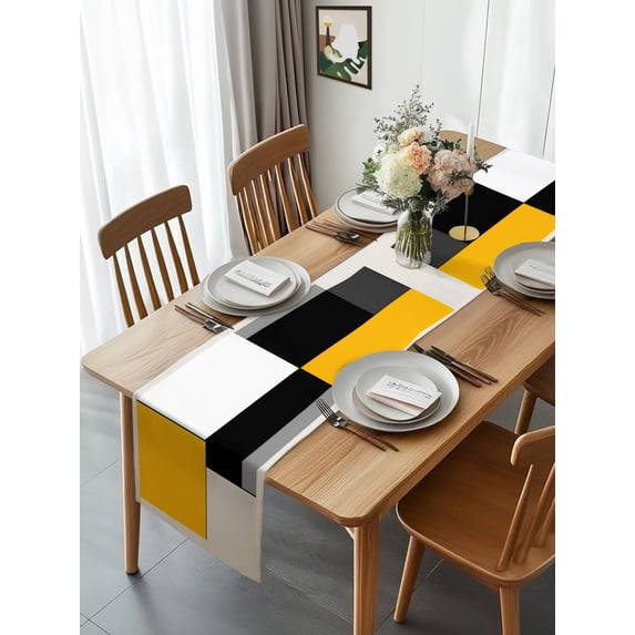 Burlap Table Runner 120 Inches Long, Abstract Yellow Black White ...