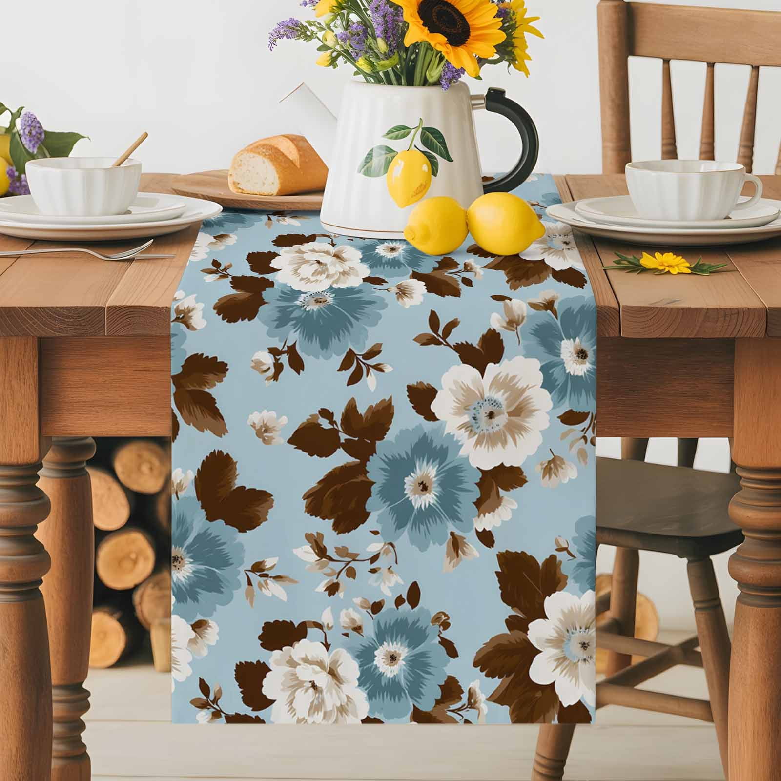 Burlap Table Runner 120 Inches Long, Beige Flowers Brown Leaves on Blue ...