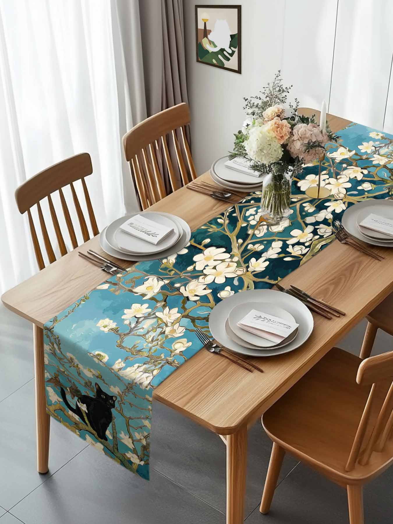Burlap Table Runner 120 Inches Long, Black Cat on Branches Non-Slip ...
