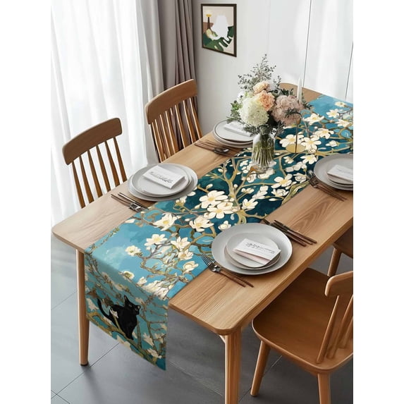 Burlap Table Runner 120 Inches Long, Black Cat on Branches Non-Slip ...