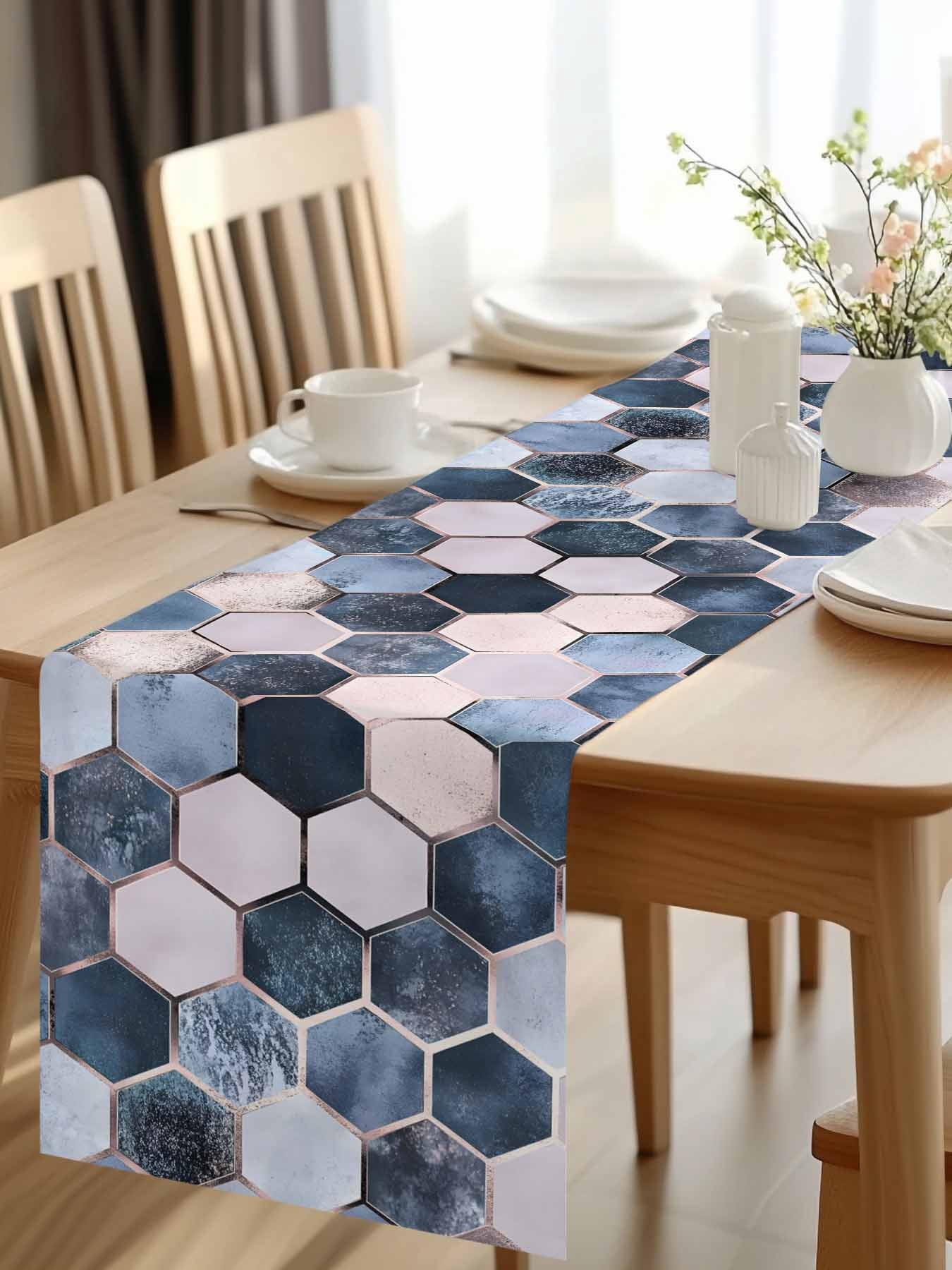 Burlap Table Runner 120 Inches Long, Blue Lattice Hexagon Color Block ...