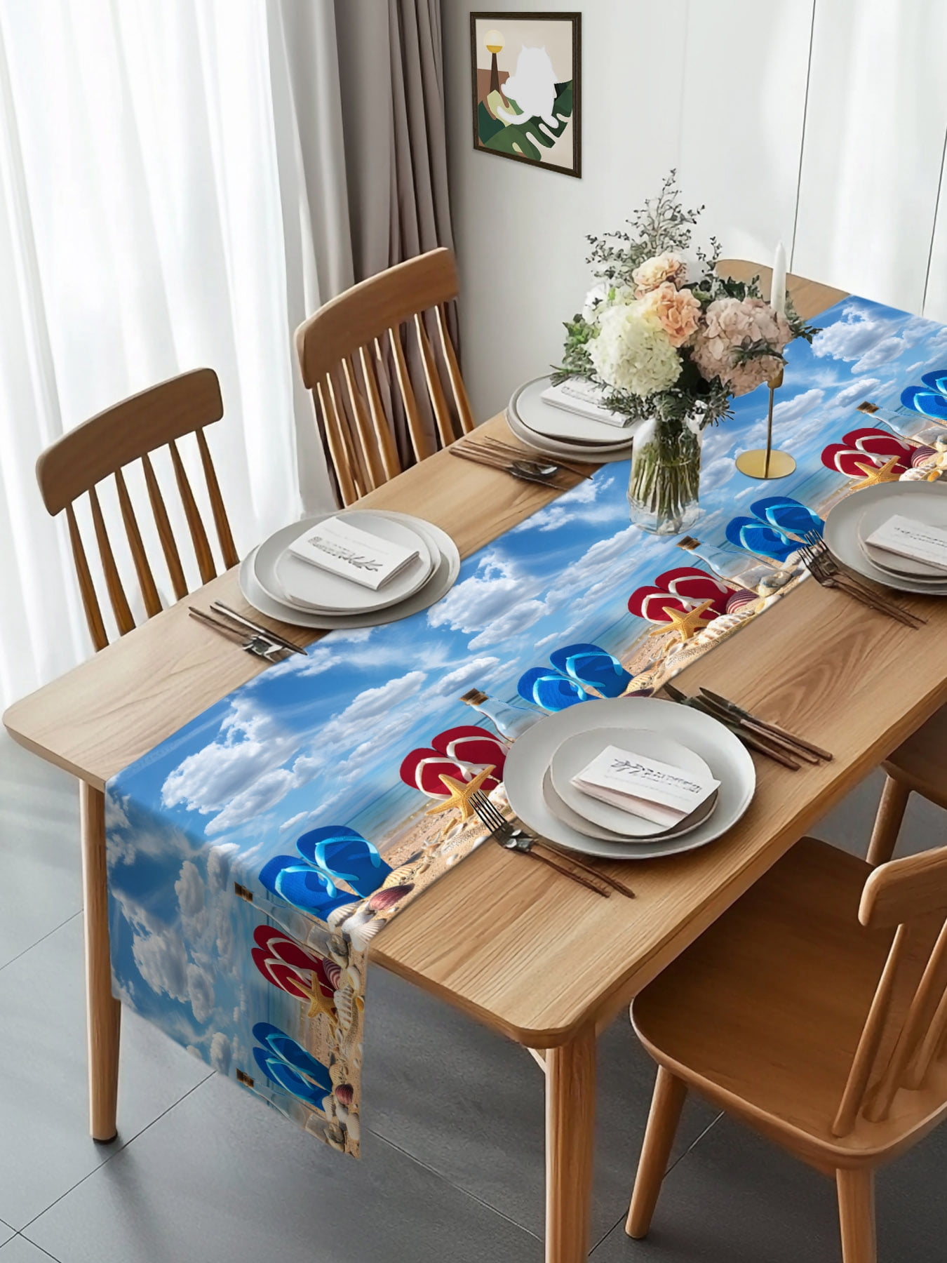 Burlap Table Runner 120 Inches Long, Blue Red Slippers Seaside Beach ...