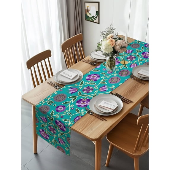 Burlap Table Runner 120 Inches Long, Bohemian Purple Flowers Non-Slip ...
