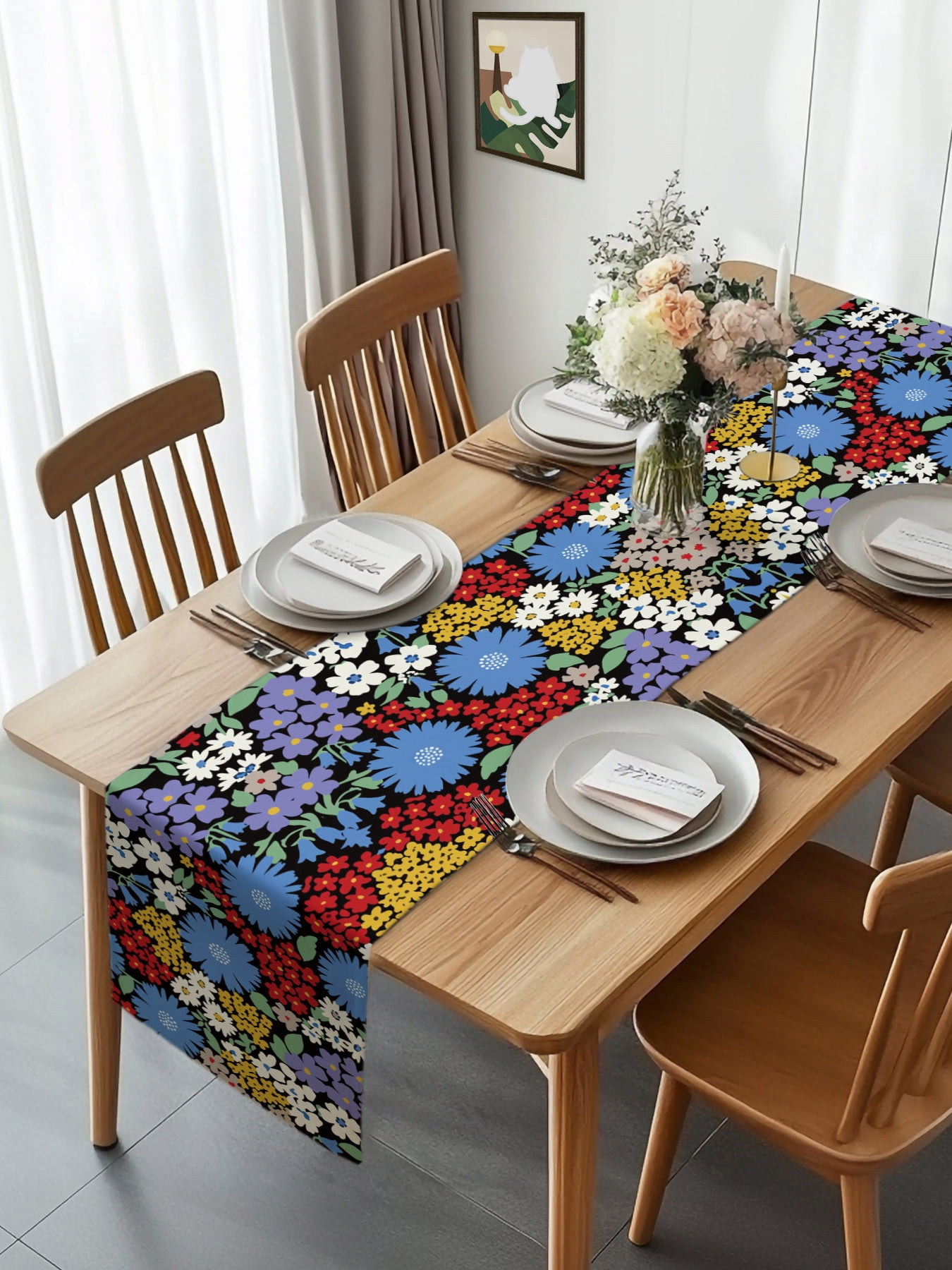 Burlap Table Runner 120 Inches Long, Cartoon Daisies Sunflowers Non ...