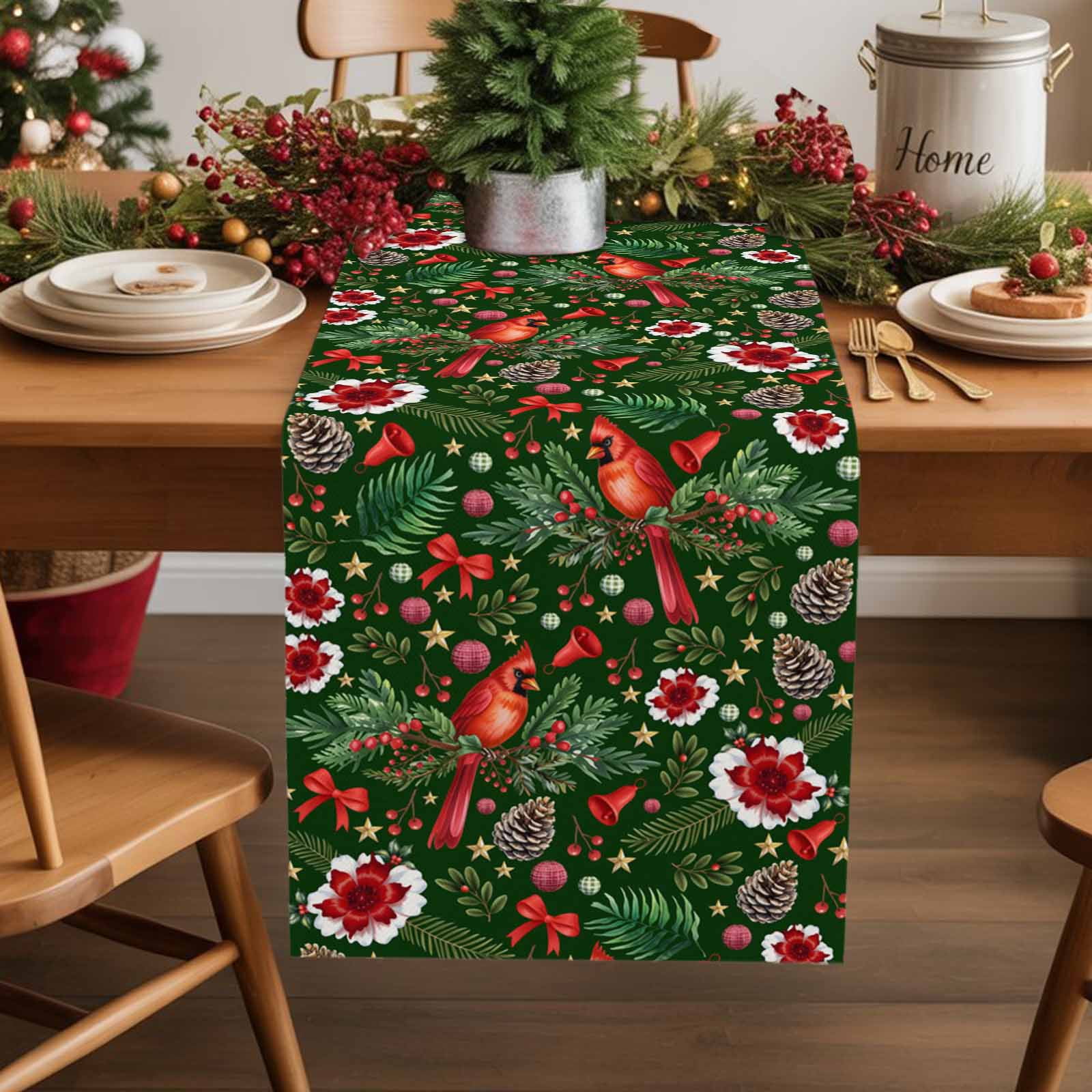 Burlap Table Runner 120 Inches Long,Christmas Cardinals Bird Pine Cone ...