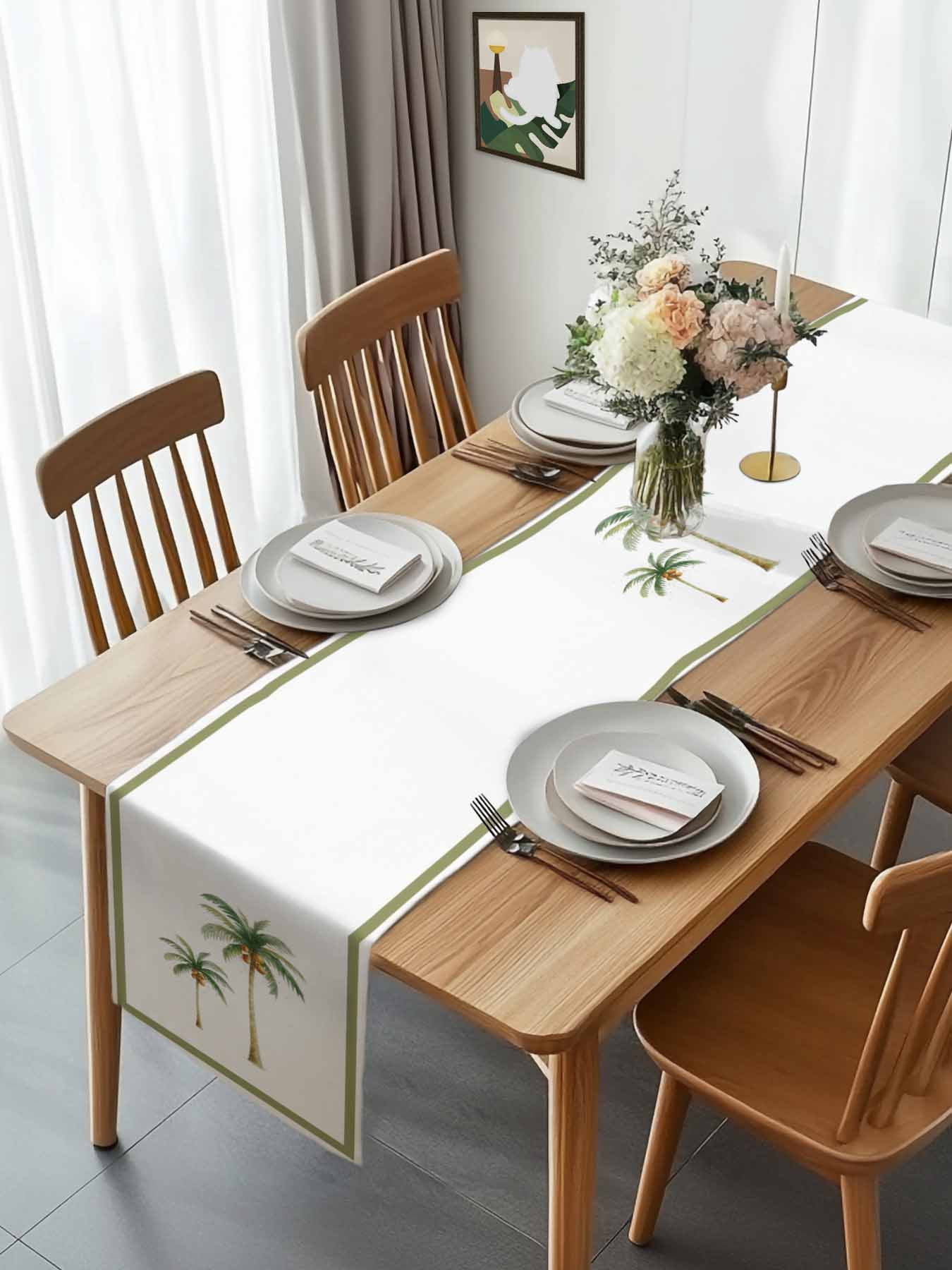Burlap Table Runner 120 Inches Long, Coastal Boho Green Palm Trees Non ...