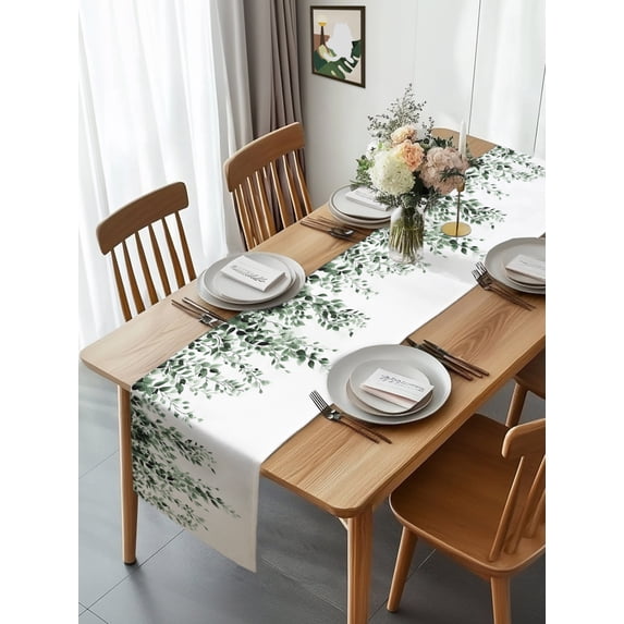 Burlap Table Runner 120 Inches Long, Country Green Eucalyptus Leaf Non ...