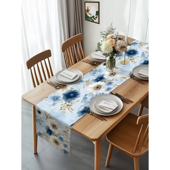 Burlap Table Runner 120 Inches Long, Country White Blue Flower Leaf Non ...
