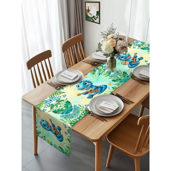 Burlap Table Runner 120 Inches Long, Cute Cartoon Animal Blue Dinosaurs ...