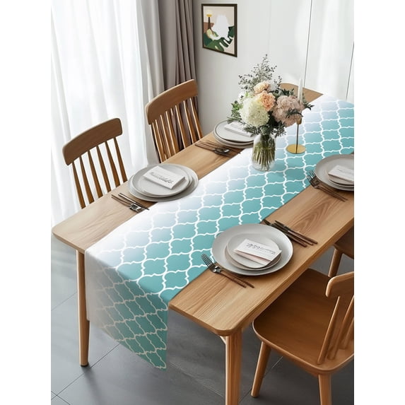 Burlap Table Runner 120 Inches Long, Cyan Gradient Morocco Pattern Non ...