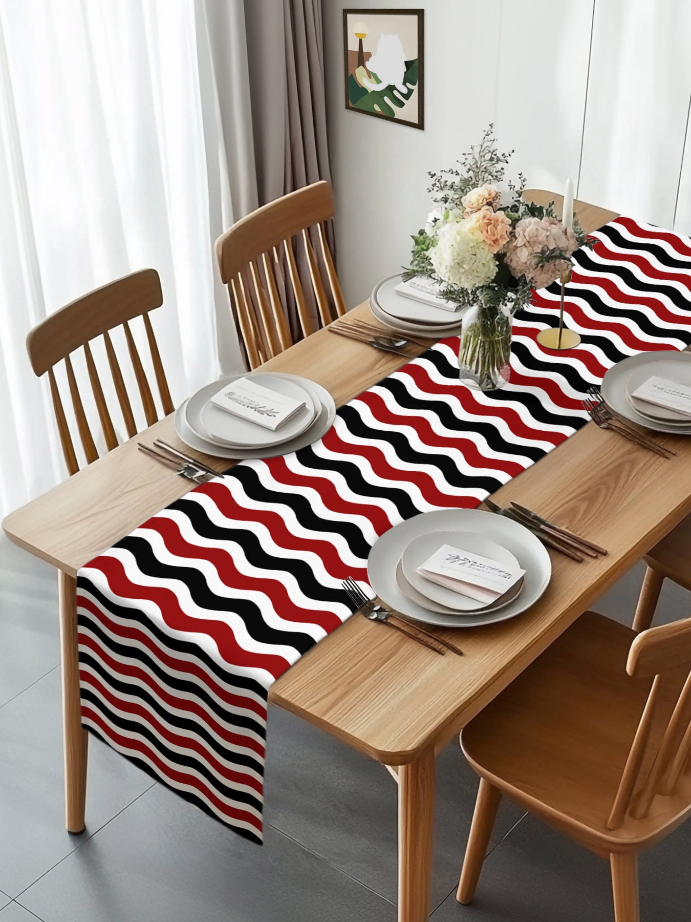 Burlap Table Runner 120 Inches Long, Dark Red Stripes Black Line Non ...