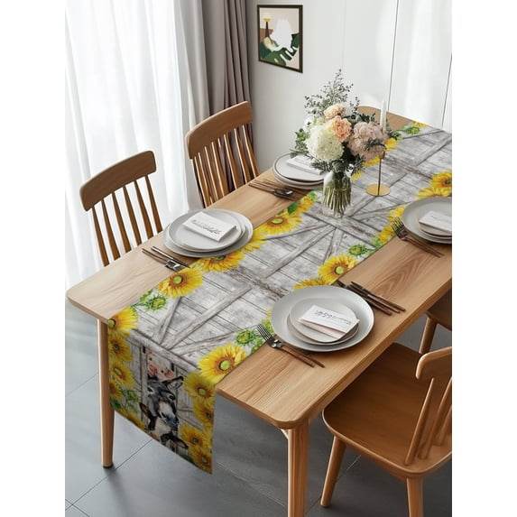 Burlap Table Runner 120 Inches Long, Farm Animal Yellow Flower Non-Slip ...