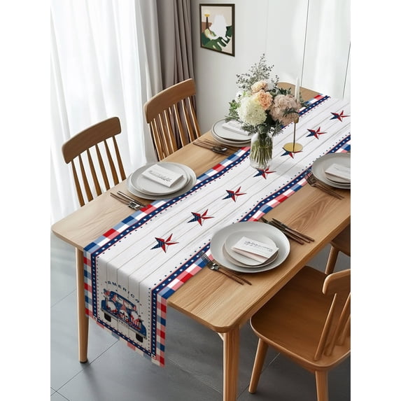 Burlap Table Runner 120 Inches Long, Farm Blue Truck and Gnome on Wood ...