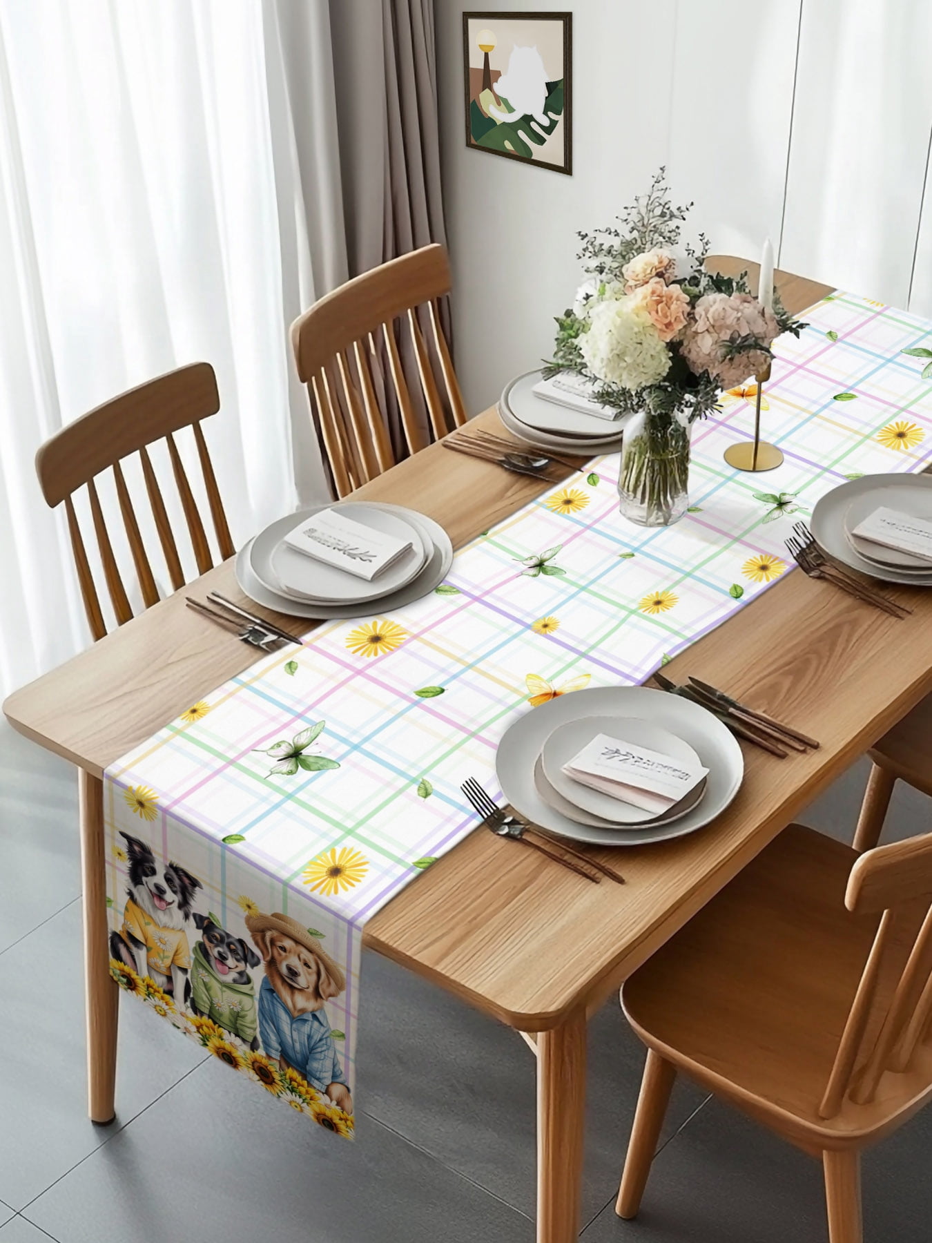 Burlap Table Runner 120 Inches Long, Farm Cute Dogs Farm Sunflowers Non ...