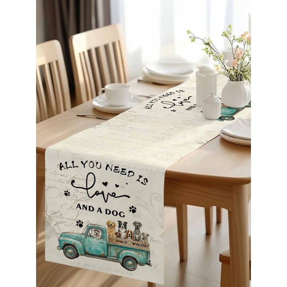 Burlap Table Runner 120 Inches Long, Farm Green Old-fashioned Trucks ...