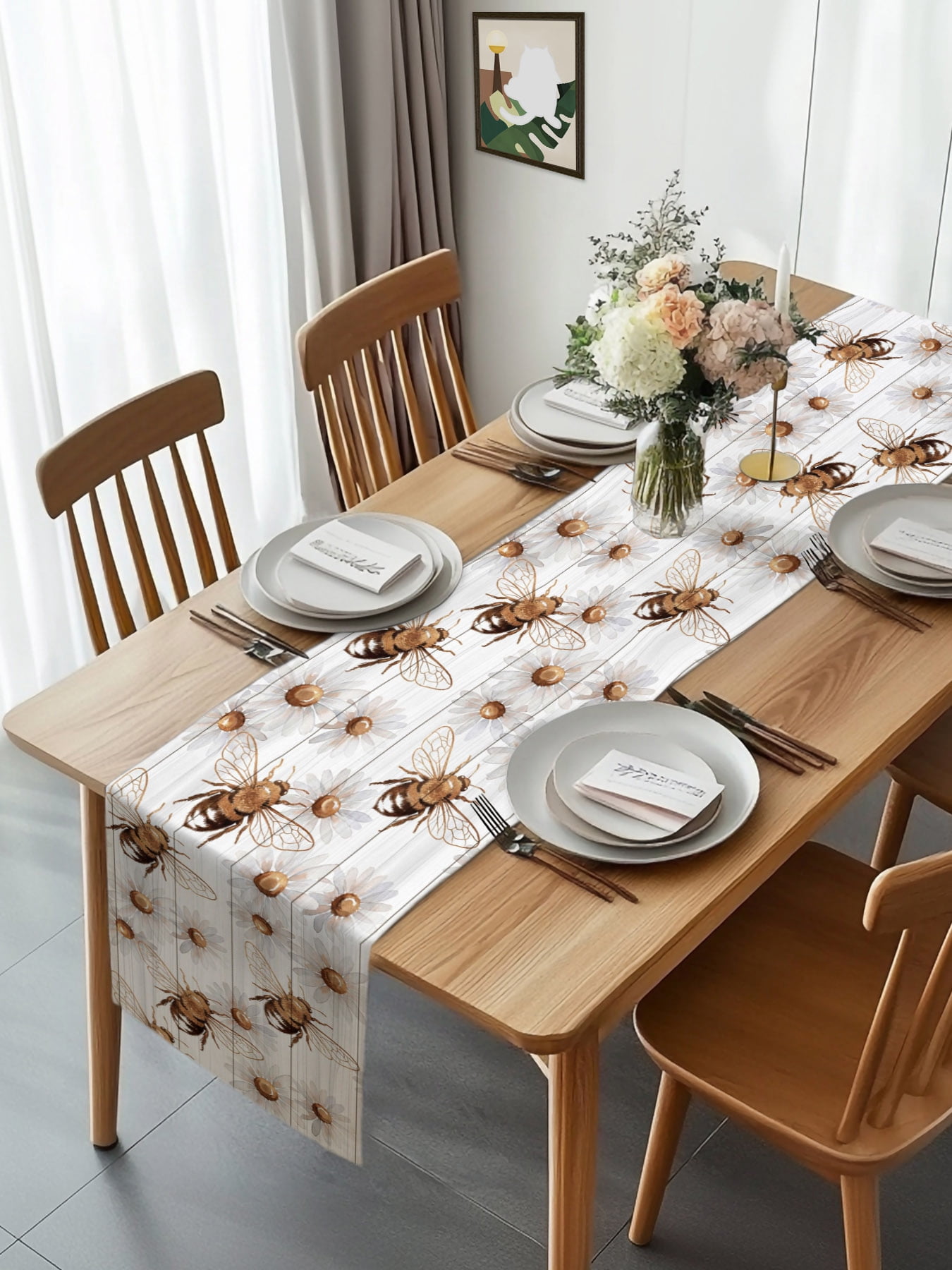 Burlap Table Runner 120 Inches Long, Farm Watercolor Daisy Flower Bees ...