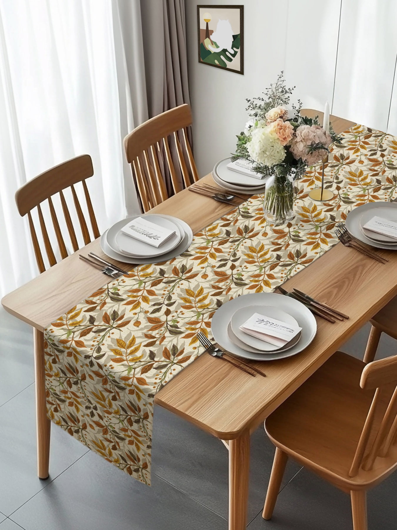Burlap Table Runner 120 Inches Long, Farm Watercolor Ombre Leaves Non ...