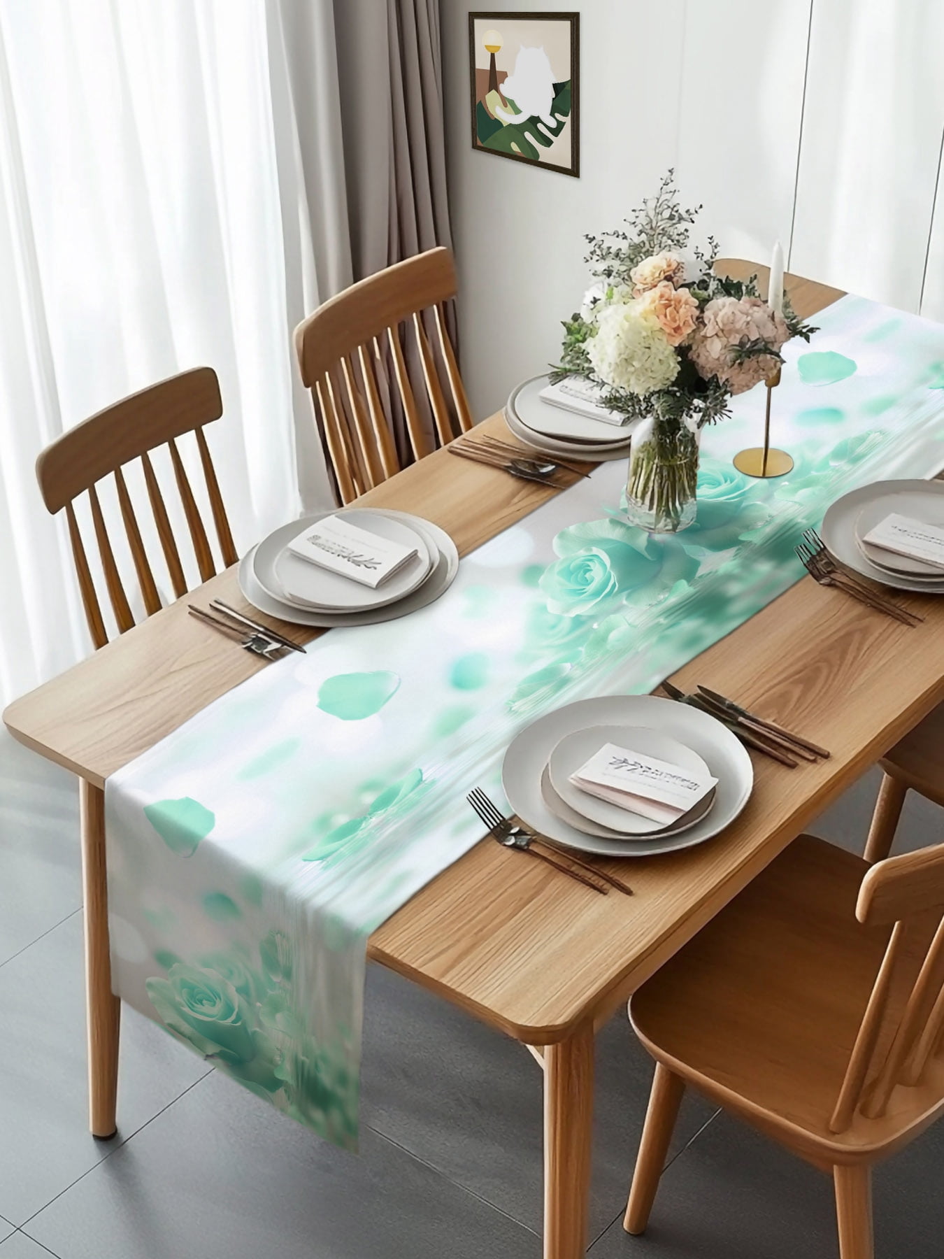 Burlap Table Runner 120 Inches Long, Farmhouse Aqua Flower Non-Slip ...