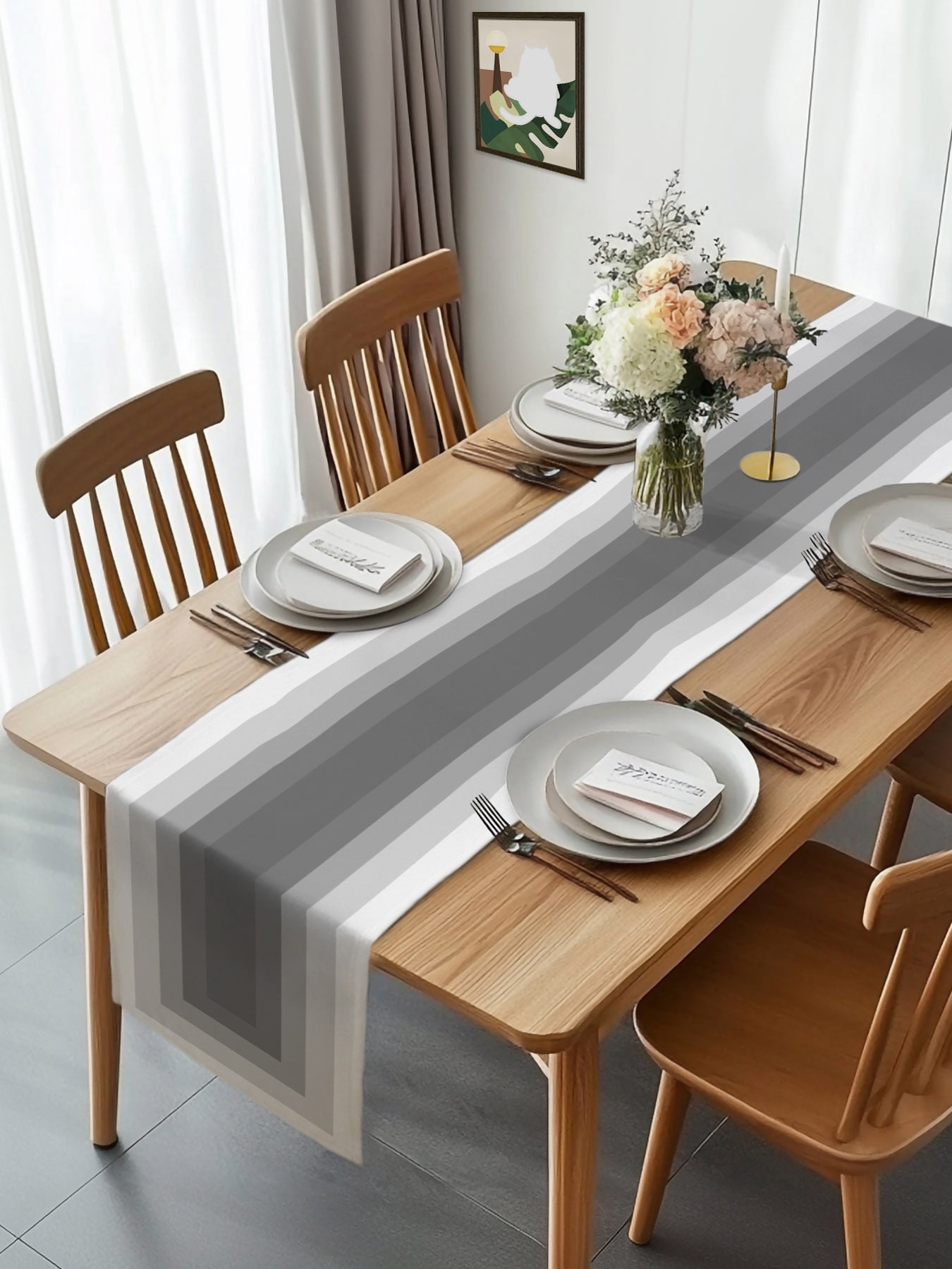 Burlap Table Runner 120 Inches Long, Gray Gradient Color Block Non-Slip ...