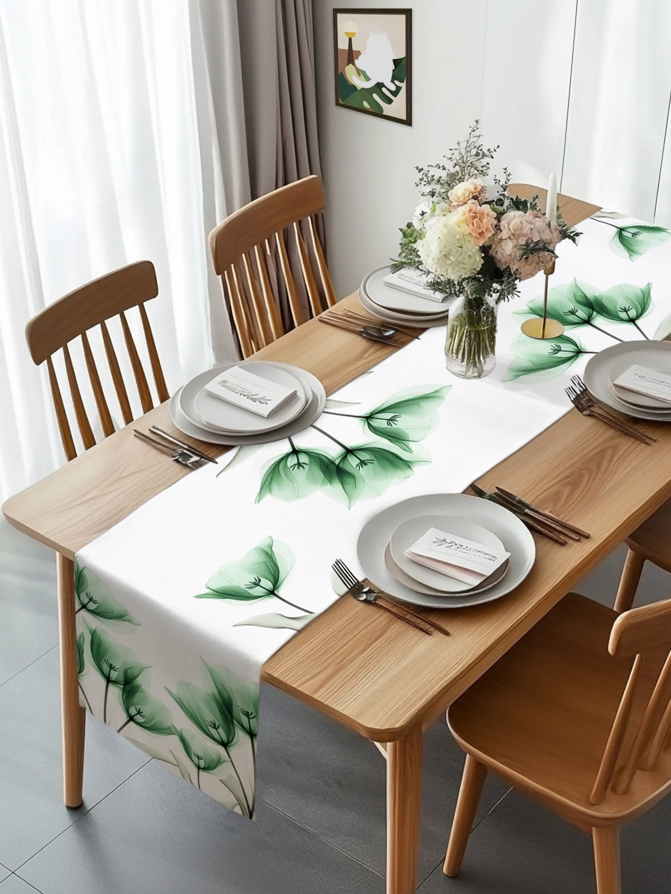 Burlap Table Runner 120 Inches Long, Green Tulip Flowers Non-Slip ...