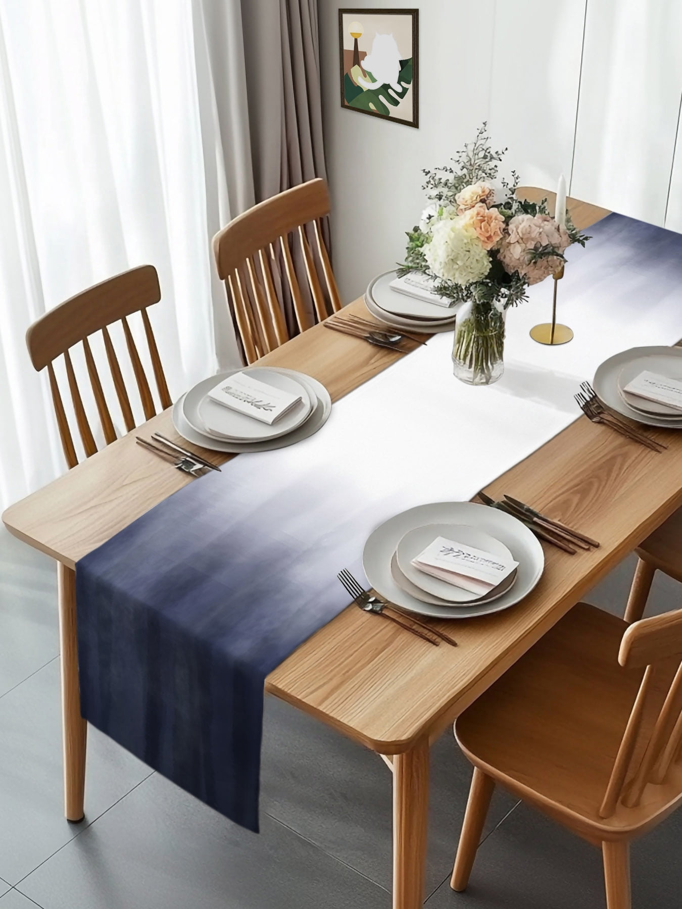 Burlap Table Runner 120 Inches Long, Indigo Blue White Art Non-Slip ...
