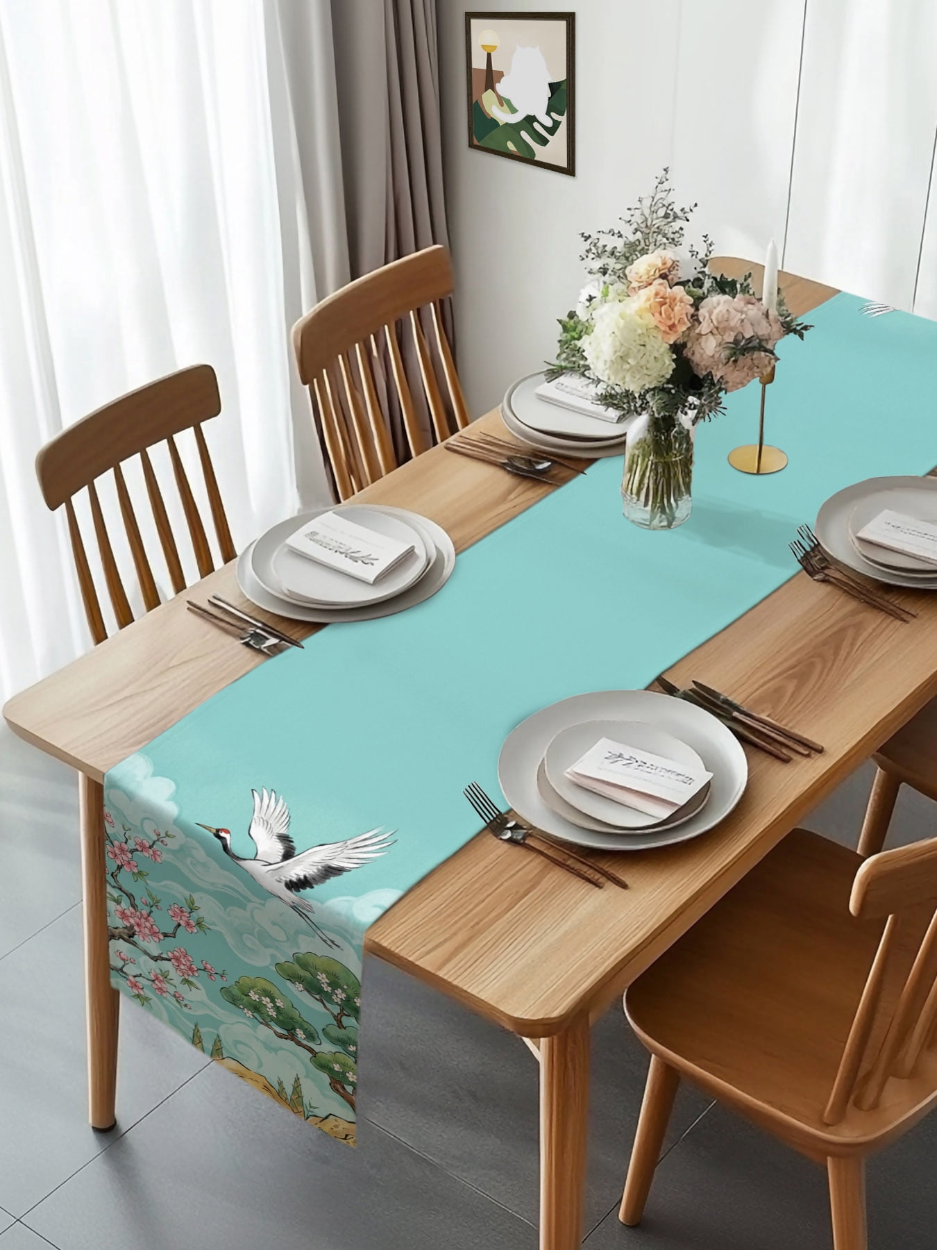 Burlap Table Runner 120 Inches Long, Japanese Cherry Blossoms Cranes ...