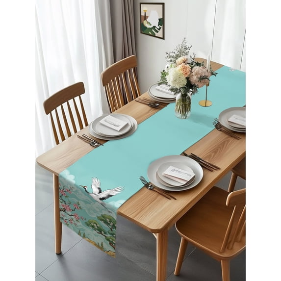 Burlap Table Runner 120 Inches Long, Japanese Cherry Blossoms Cranes ...