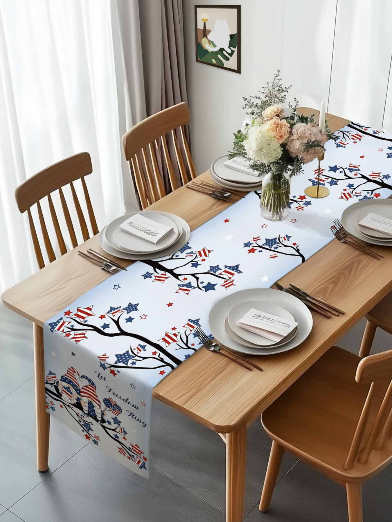 Burlap Table Runner 120 Inches Long, July 4th Star Gnome on Branch Non ...