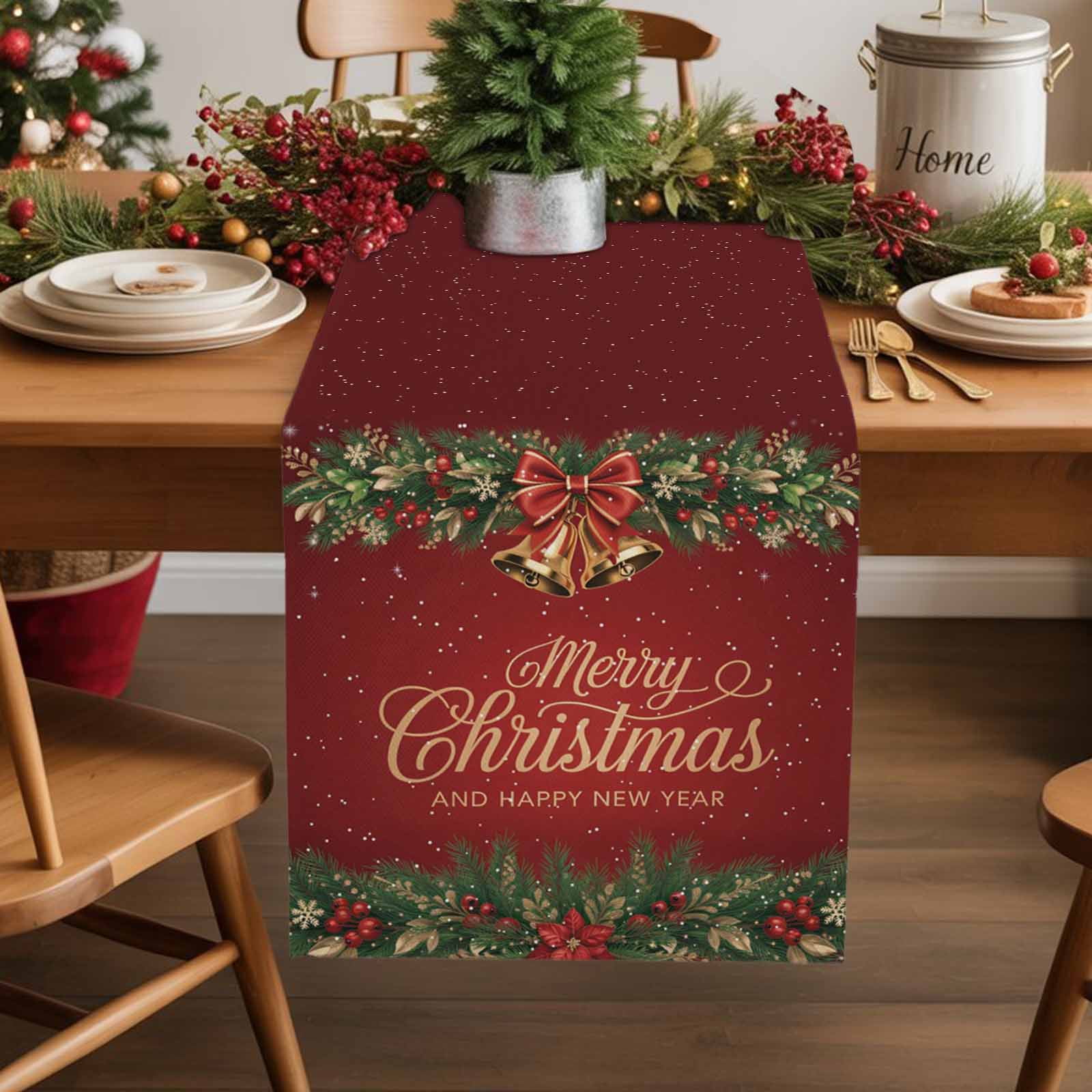 Burlap Table Runner 120 Inches Long,Merry Christmas Santa Bells Berry ...