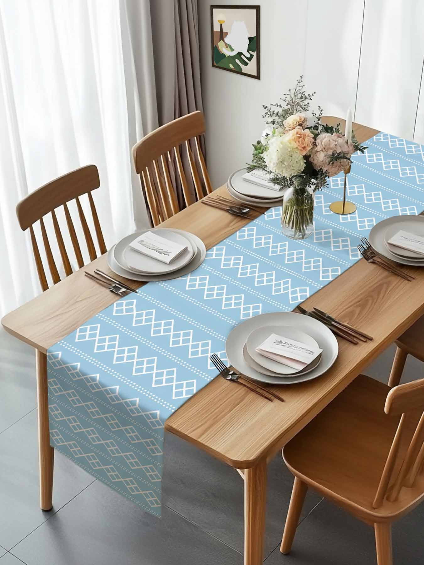 Burlap Table Runner 120 Inches Long, Modern Checker Dot Blue White Non ...