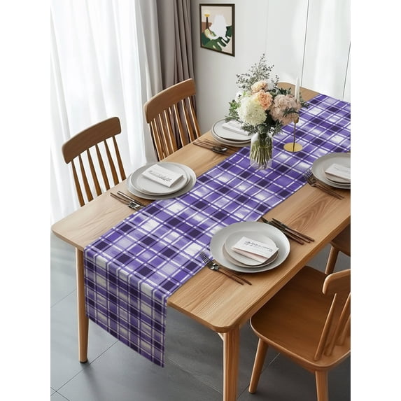 Burlap Table Runner 120 Inches Long, Modern Purple Checkered Non-Slip ...