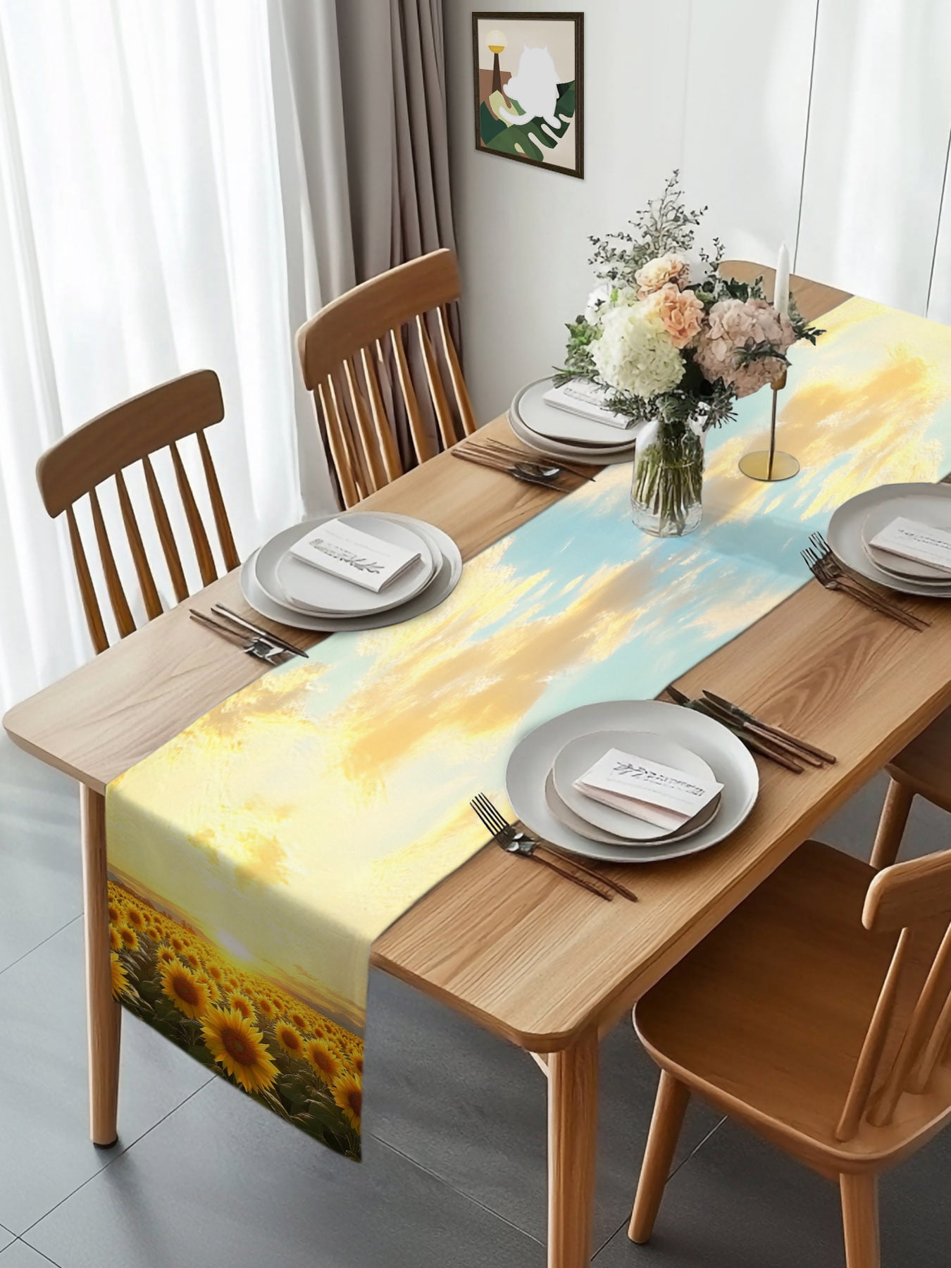 Burlap Table Runner 120 Inches Long, Natural Garden Sunflower Sunset ...