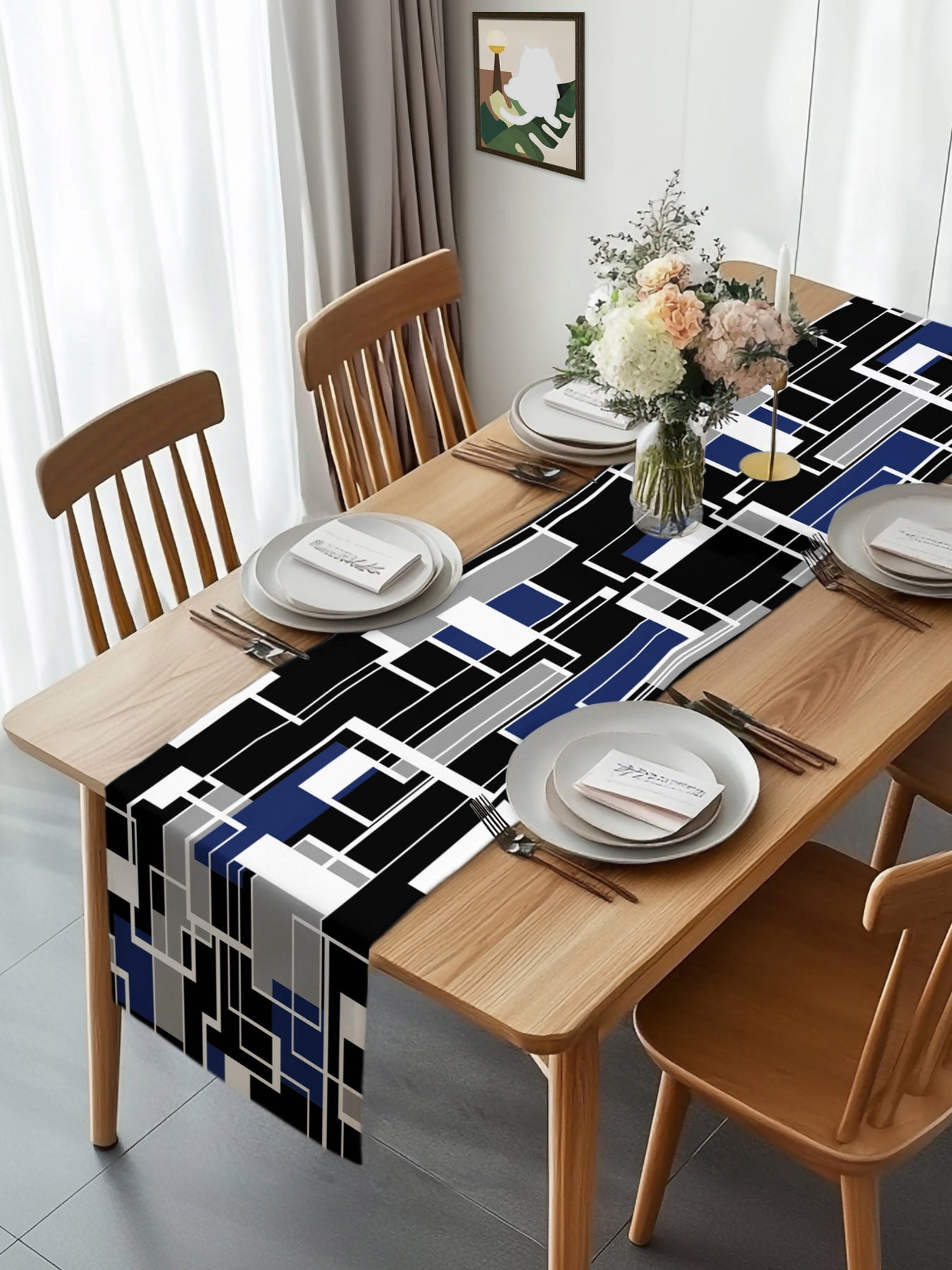 Burlap Table Runner 120 Inches Long, Navy Blue Black Geometric Lines ...