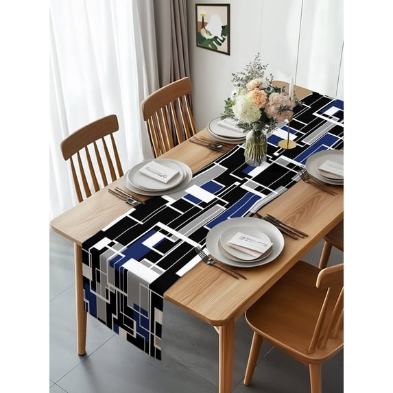 Burlap Table Runner 120 Inches Long, Navy Blue Black Geometric Lines ...