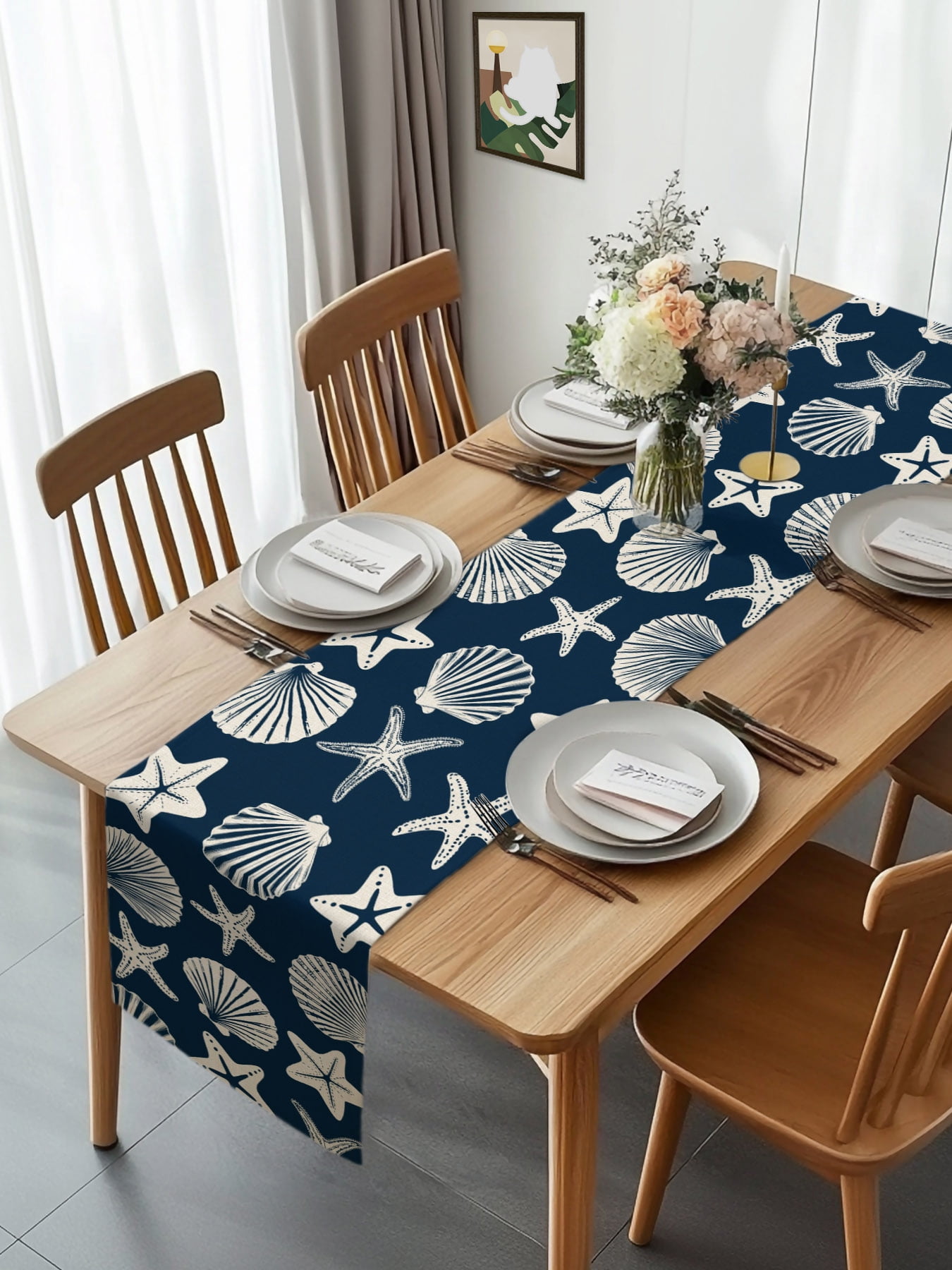 Burlap Table Runner 120 Inches Long, Navy Blue Ocean Starfish Non-Slip ...