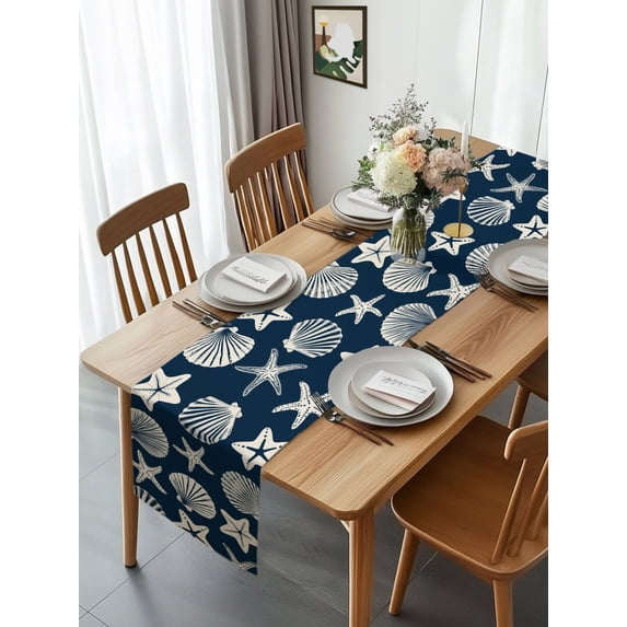Burlap Table Runner 120 Inches Long, Navy Blue Ocean Starfish Non-Slip ...
