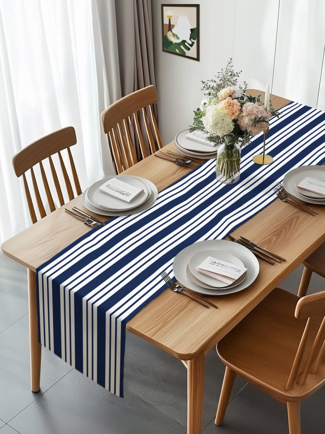 Burlap Table Runner 120 Inches Long, Navy Blue Stripe Line Non-Slip ...