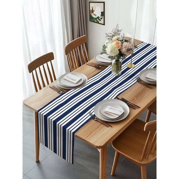 Burlap Table Runner 120 Inches Long, Navy Blue Stripe Line Non-Slip ...