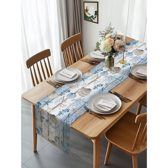 Burlap Table Runner 120 Inches Long, Ocean Life Starfish Coral Shell ...